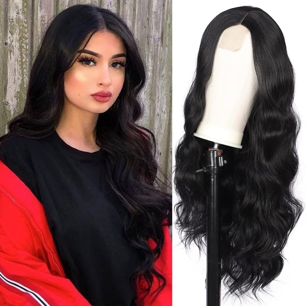 -28 Inch Synthetic Edge Lace Front Wig Middle Part Long Broken Black ...