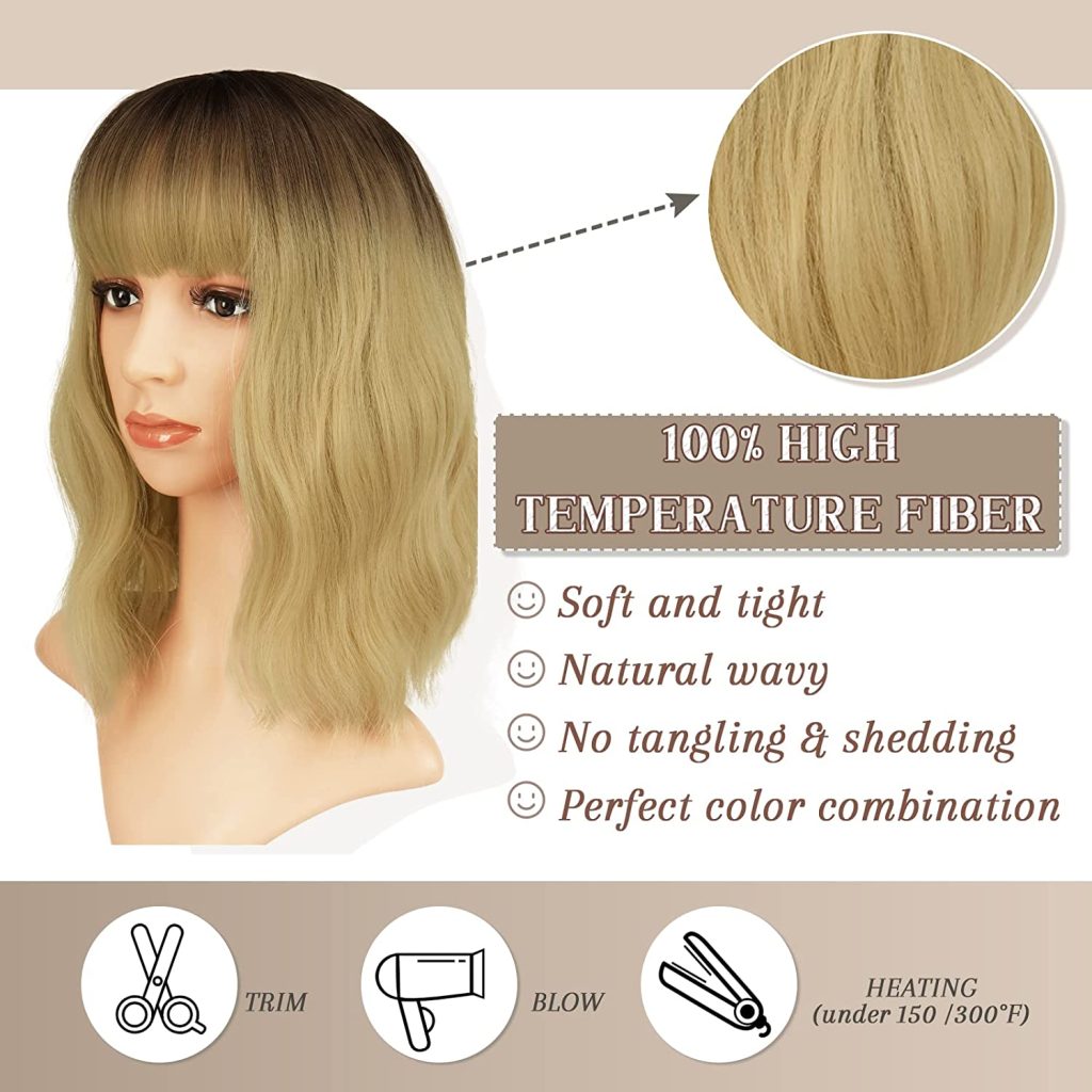 Soft pastel wavy wig with bangs, 14 inch soft synthetic hair length ...