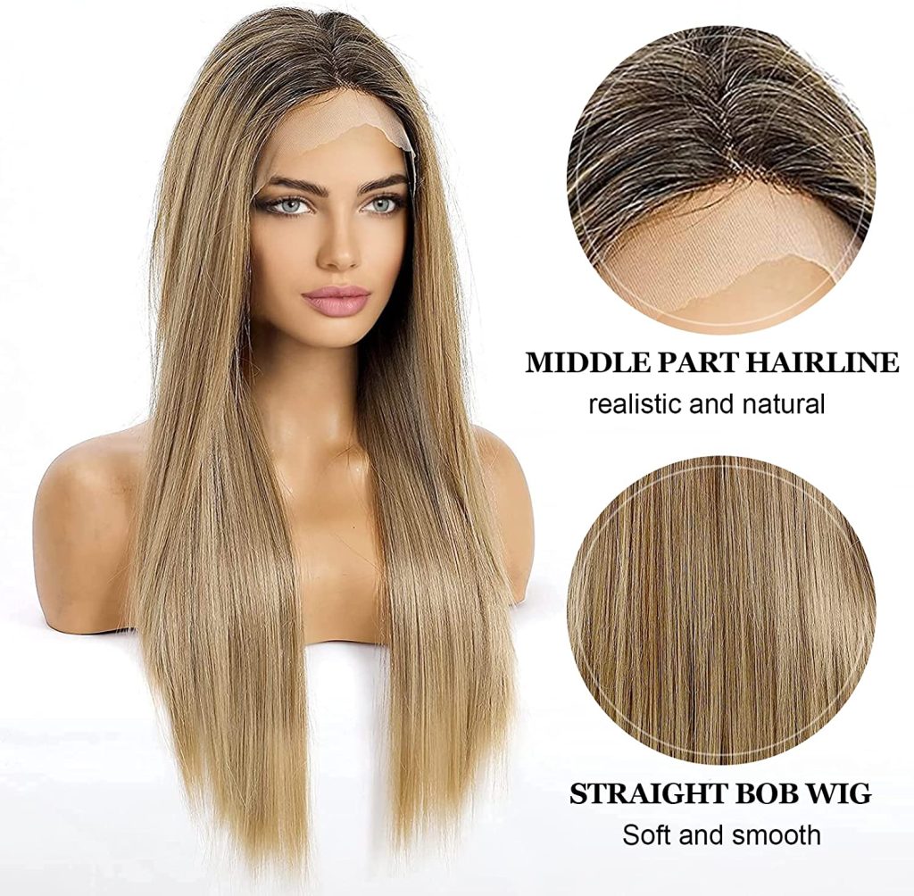 Long Straight Hair Wigs Lace Front Wig For Women Ombre Blonde Natural ...