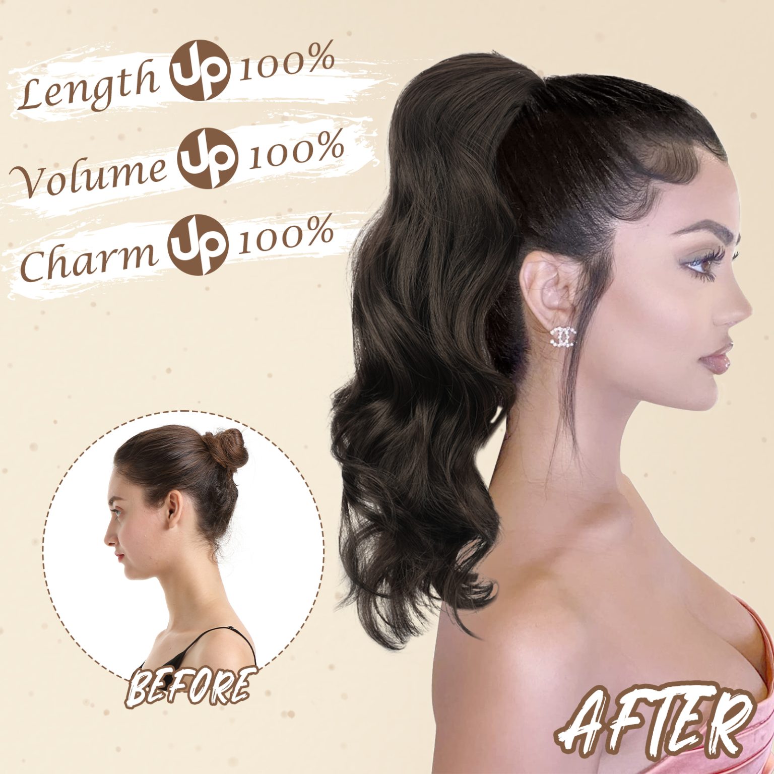 16” Ponytail Extension, Drawstring Ponytail Extensions Short Wavy Dark ...